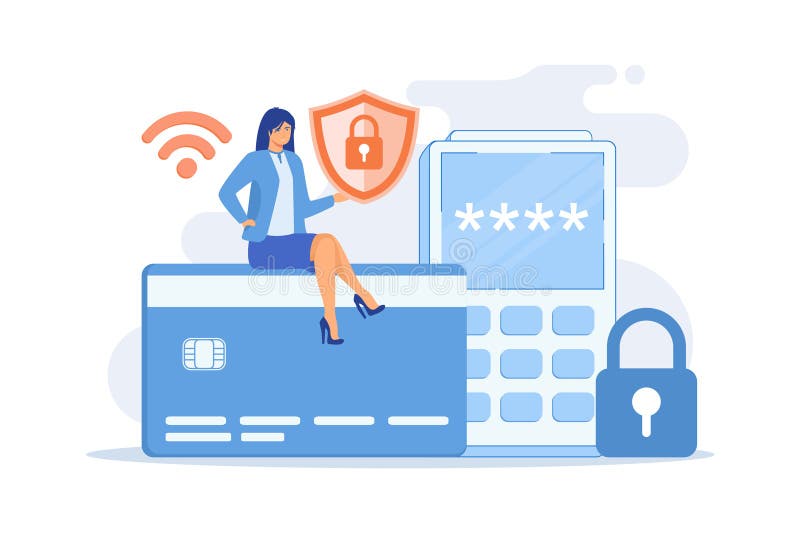 Access Control Card with Key and Lock and Woman with Protection Shield ...