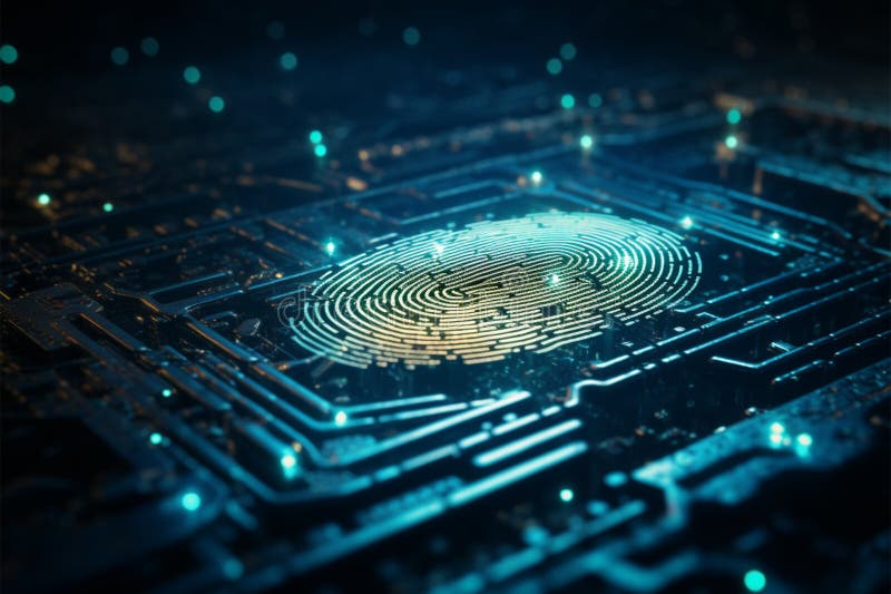 Fingerprint Scan And Binary Code On A Deep Blue Background Stock