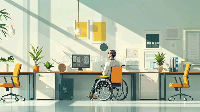 Accessible Home Office: Man in Wheelchair Working in a Bright, Modern ...