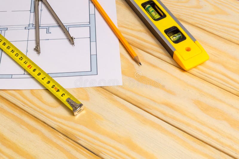 Accessories and Drawing Tools Lie on a Building Project or Wooden ...