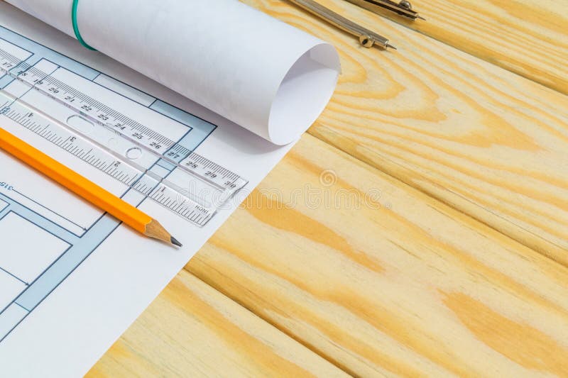 Accessories and Drawing Tools Lie on a Building Project or Wooden ...