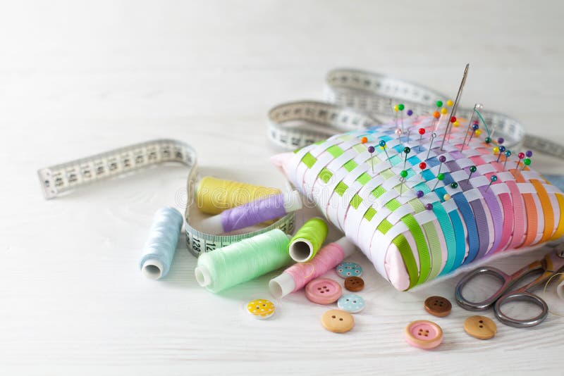Needle Box, Threads and Cotton Fabrics for Sewing. White Background ...