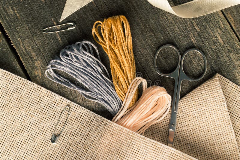 Accessories for Hobbies: Tape, Scissors, Needle and Pin. Flat Lay ...