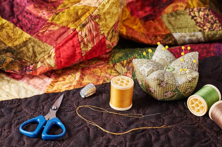 Accessories for Patchwork on a Quilt Stock Photo - Image of sewing ...