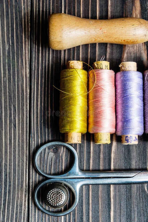 Accessories for Sewing on Dark Wooden Table Stock Image - Image of ...
