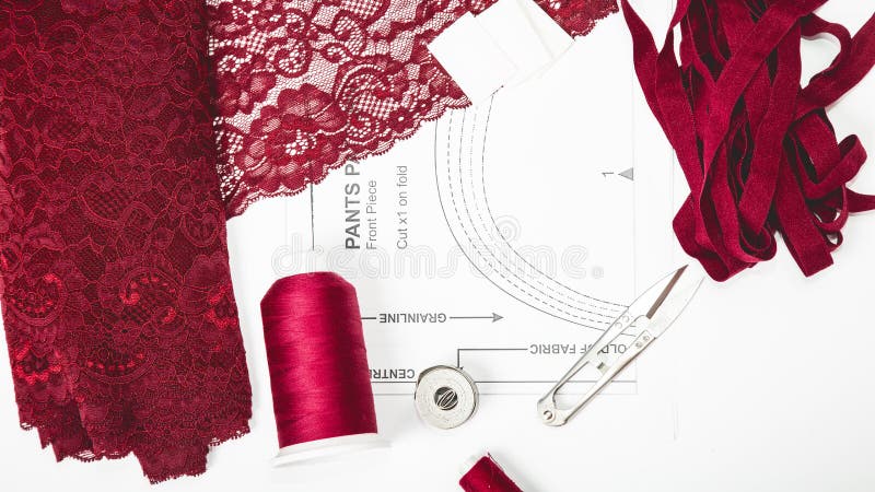 Accessories for Sewing Underwear. Red Thin Lace, Threads, Scissors ...