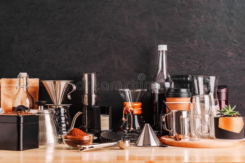 Accessories and Utensils for Making Coffee Drinks on a Wooden Table ...