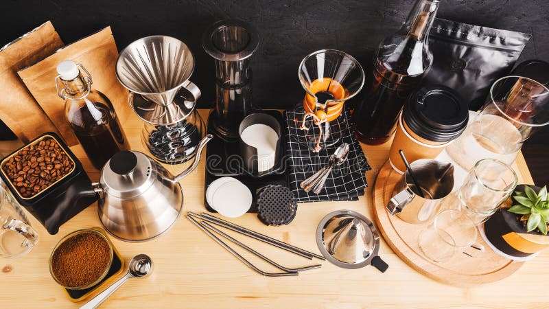 Accessories and Utensils for Making Coffee Drinks on a Wooden Table ...
