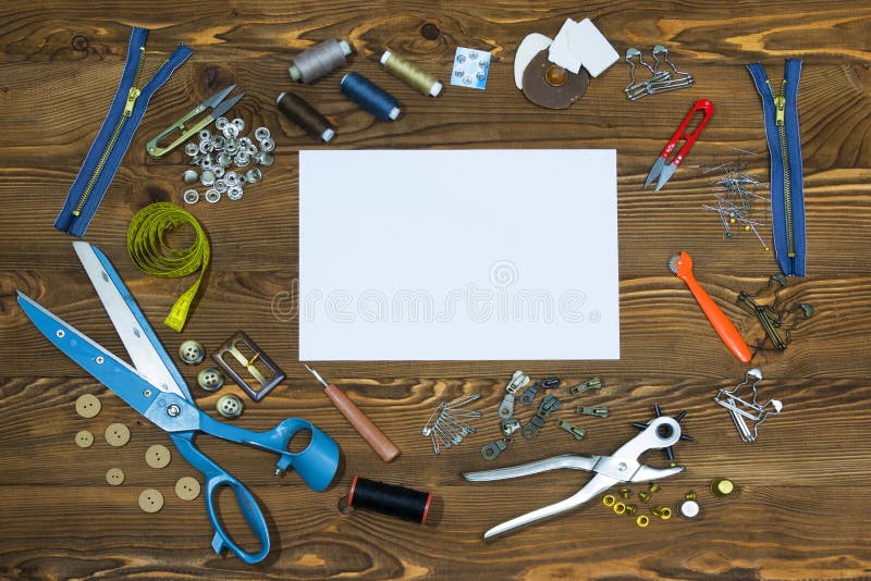 Blank Paper and Sewing Tools on Wooden Textured Background, Copy-space ...