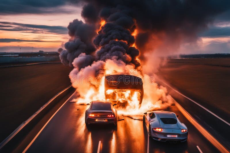 Accident and Explosion Burn Fire Flames, Sunset in the Motorway in ...