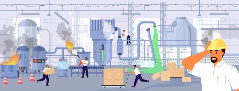 Accident on Plant Vector Illustration with Shocked Engineer Face Stock ...