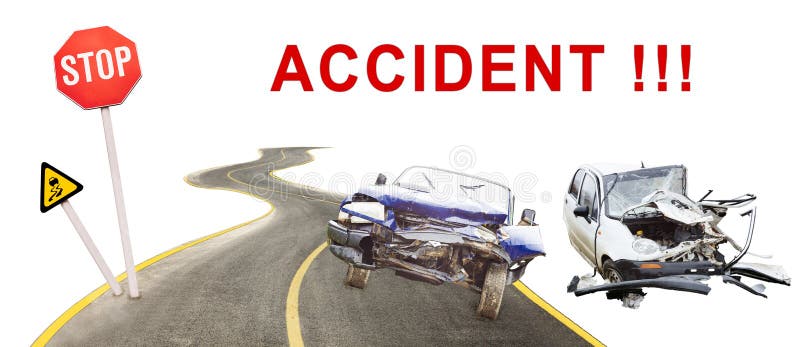 Accident Warning with Rod Signs and Wrecked Car Isolated Stock Photo ...