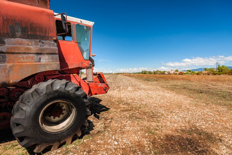 Accidental and Burned Tractor for Grain Processing Stock Photo - Image ...