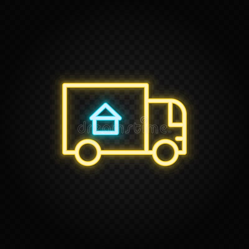 Accommodation, Moving, Relocation Neon Icon. Blue and Yellow Neon ...