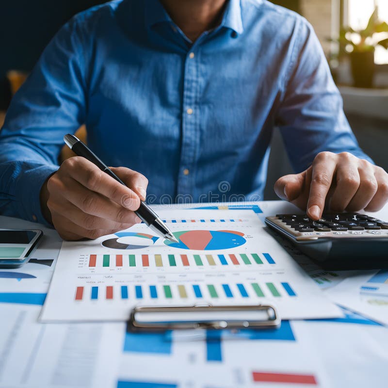 Accountant Analyzing Financial Reports with Chart and Calculator Stock ...