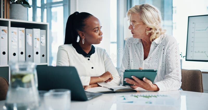 Accountant, Office and Women with Manager, Discussion and Tablet for ...