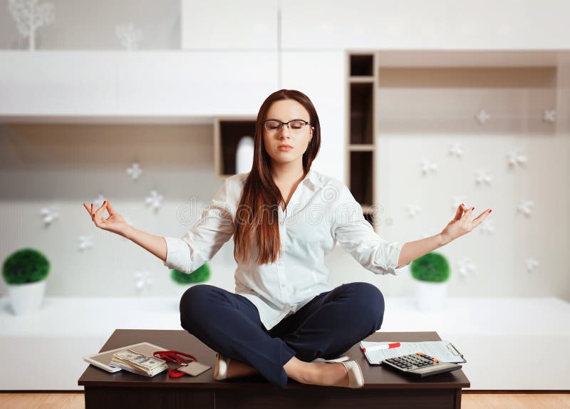 Accountant Sitting in Yoga Pose on the Table Stock Image - Image of ...