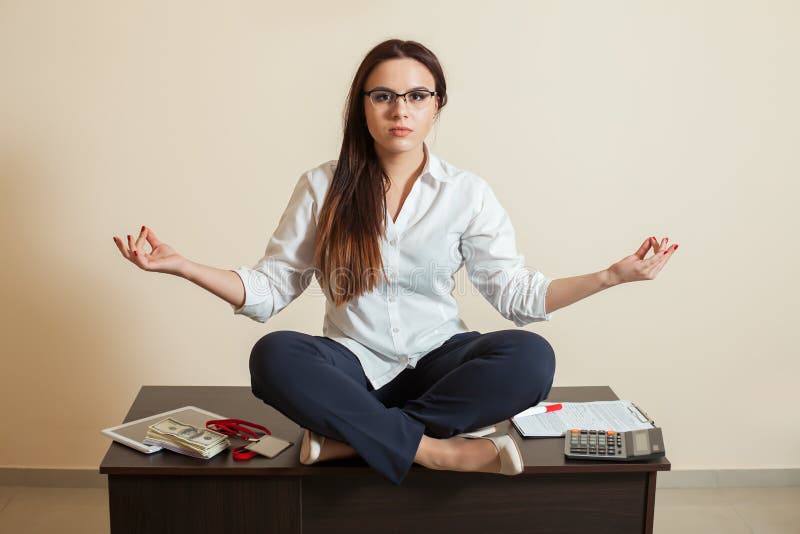 Accountant Sitting in Yoga Pose on the Table Stock Image - Image of ...