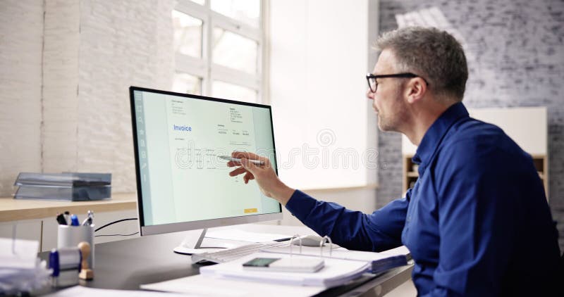 Accountant Using E Invoice Software at Computer Stock Photo - Image of ...