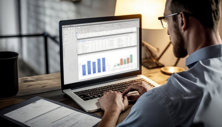 Accountant Working on Financial Report and Charts with Spreadsheet Software on Computer at ...