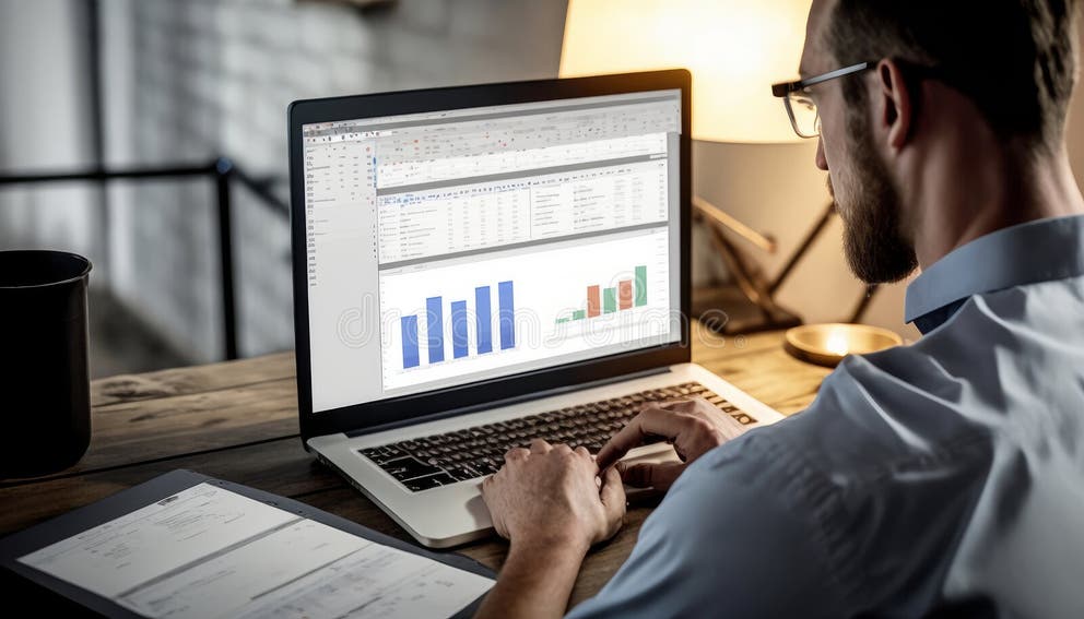 Accountant Working on Financial Report and Charts with Spreadsheet ...