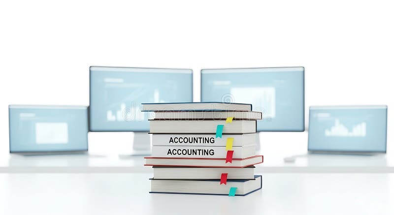 Accounting Books Stacked with Computer Monitors in Background Finance Concept Stock Illustration ...