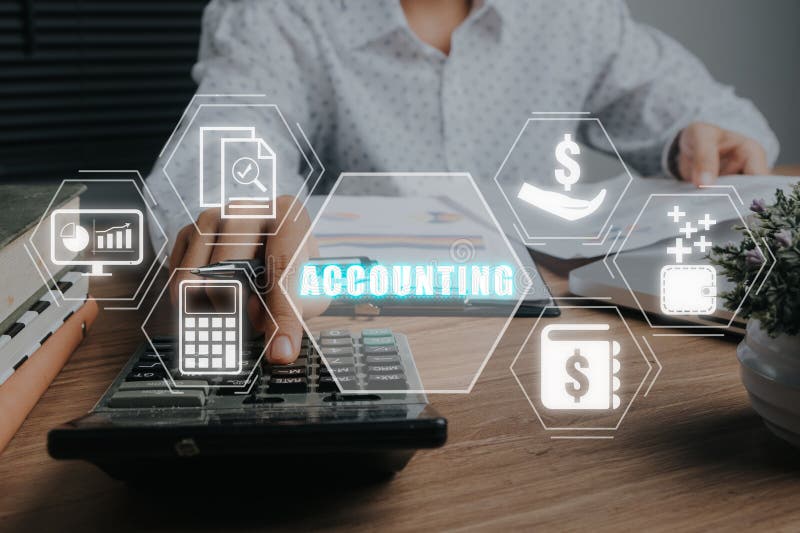 Business Woman Using Calculator with Accounting Icon on Virtual Screen ...