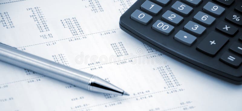 Accounting Concept. Pen and Calculator on a Numbers Background Stock ...