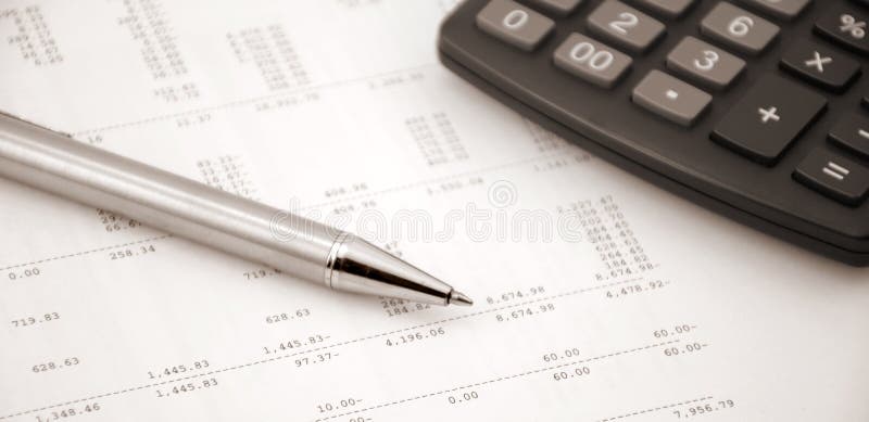 Accounting Concept. Pen and Calculator on a Numbers Background Stock ...