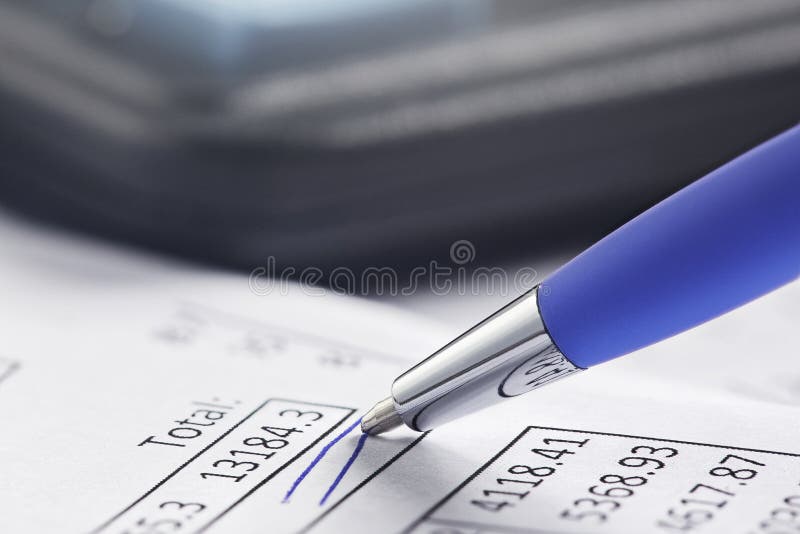Accounting Document with Pen, Money, Coins and Checking Financial Chart ...
