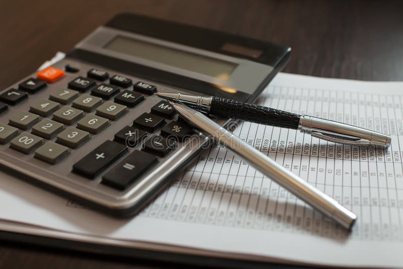 Accounting Documents, Pens and Calculator Closeup Stock Photo - Image ...