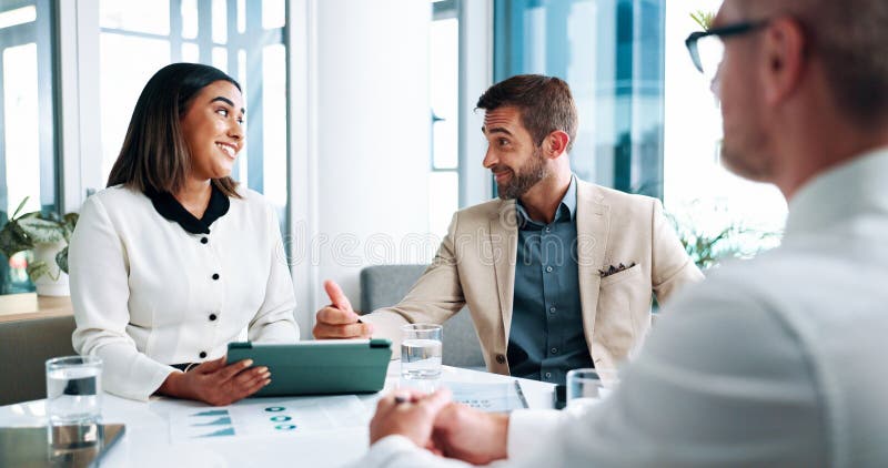 Accounting, Success and Business People with Tablet, Feedback and ...