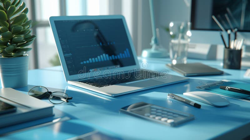 Accounting Work Space, Calculator and Laptop on Blue Table with ...