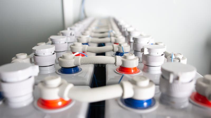 Accumulators. Powerful DC Battery Stack. DC Battery Items in Rack Stock ...