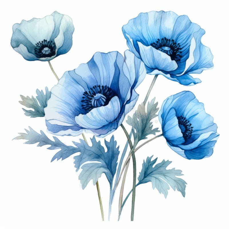 Accurate and Delicate Blue Poppies Watercolor Vector Illustration Stock ...