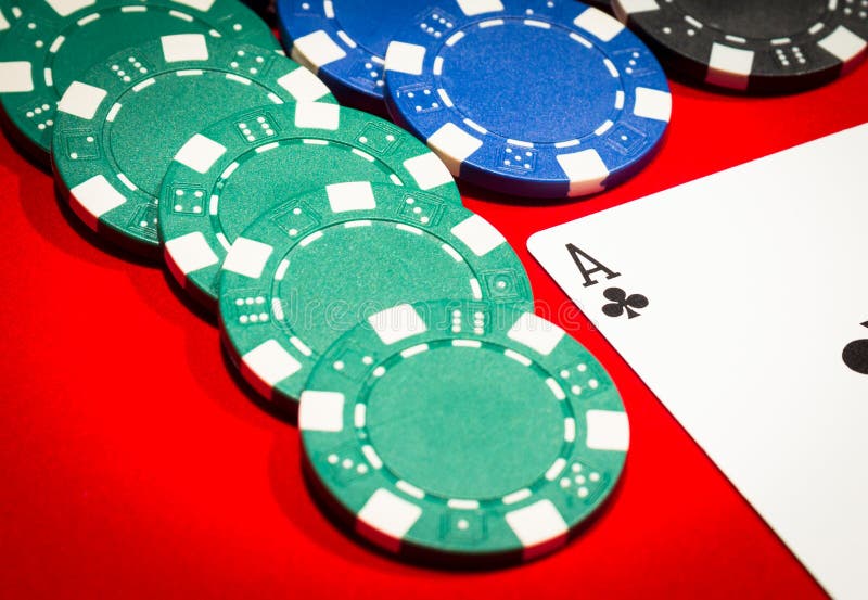 Ace of Clubs and Chips on a Red Table Stock Image - Image of black ...
