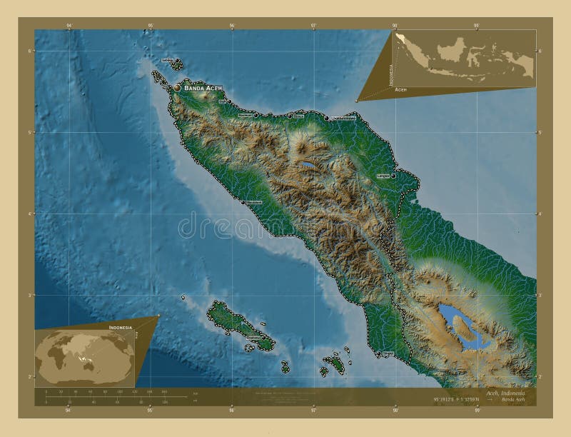 Aceh, Indonesia. Physical. Labelled Points of Cities Stock Illustration ...