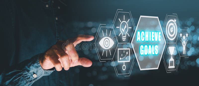 Person Hand Touching Achieve Goals Icon on Virtual Screen Stock Photo ...