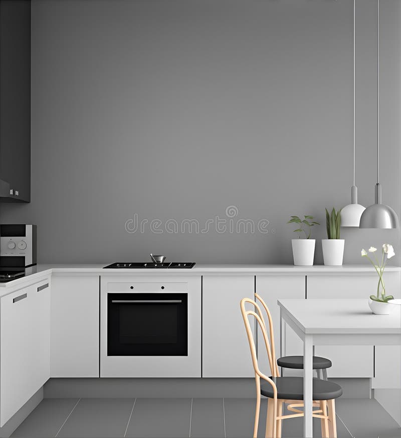 Trendy Minimalist Kitchen: Mockup Frame Highlighting White Walls Stock ...