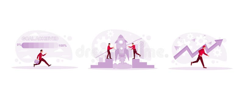 Achieved Progress Loading Bar. Two Businessmen are Flying a Rocket. Man ...