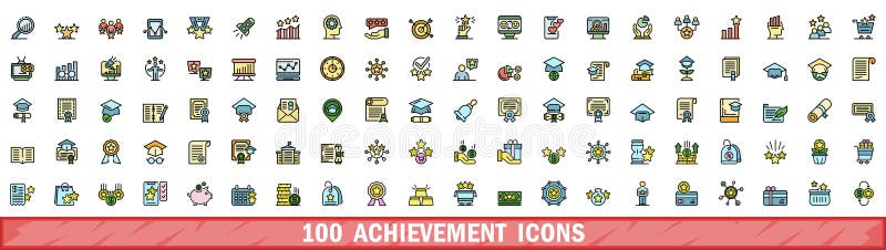 100 Achievement Icons Set, Color Line Style Stock Illustration ...