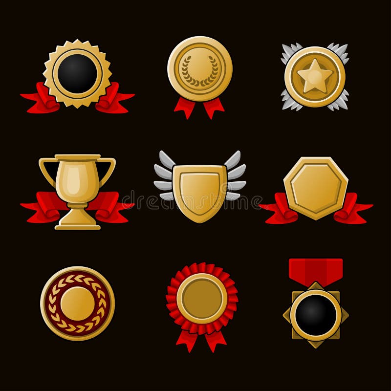 Gold awards, set on black stock vector. Illustration of achievement ...