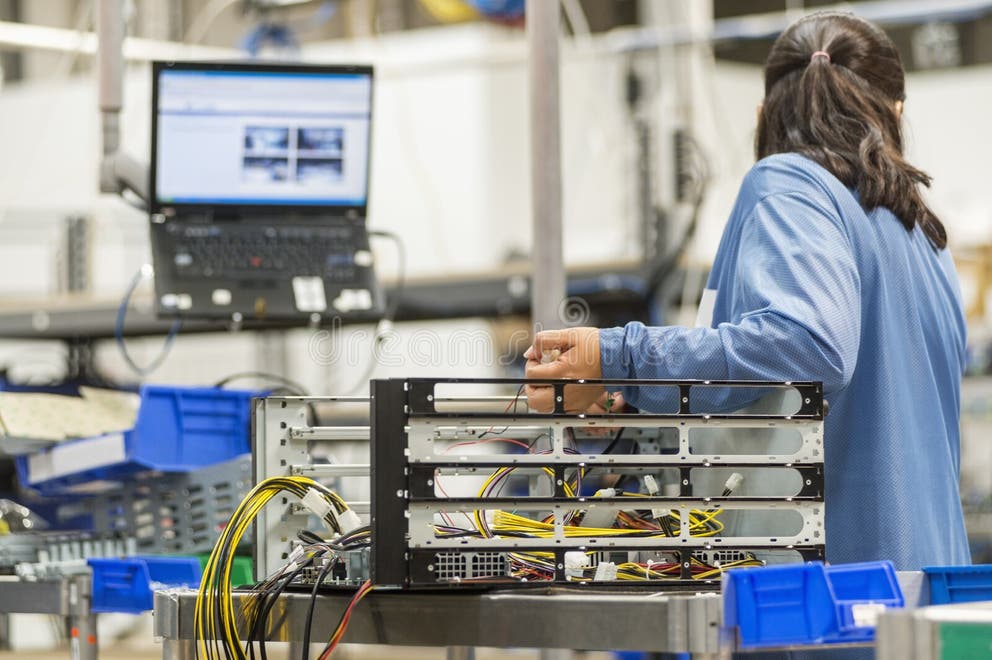 Achtermening Van Vrouwelijke Technicus Die Computer Herstellen Stock ...