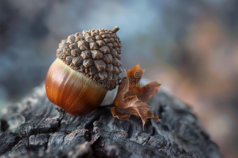 Acorn Lying on Its Side on Tree Trunk with Dry Leaf Stock Image - Image ...