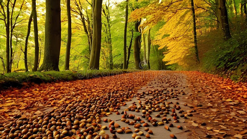 Acorns Scattered in Empty Autumn Forest Path Stock Illustration ...