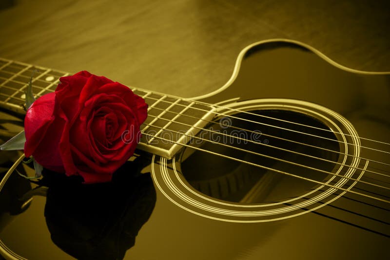 Acoustic Black Guitar and Red Rose Stock Image - Image of black, metal ...