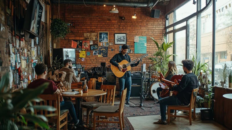 Acoustic Cafe with Soft Seating and Musicians Playing Live in the Stock ...