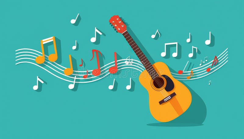 Acoustic Guitar with Colorful Music Notes on Teal Background Stock ...