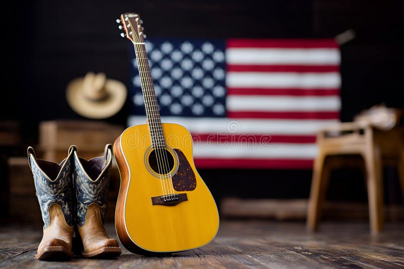 Acoustic Guitar with Cowboy Boots and American Flag in Rustic Setting ...