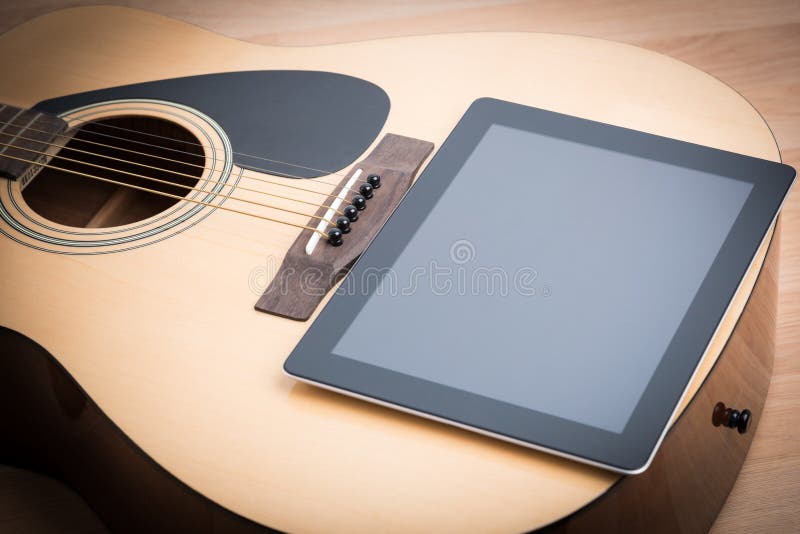 Acoustic Guitar with Digital Tablet Stock Image - Image of recording ...